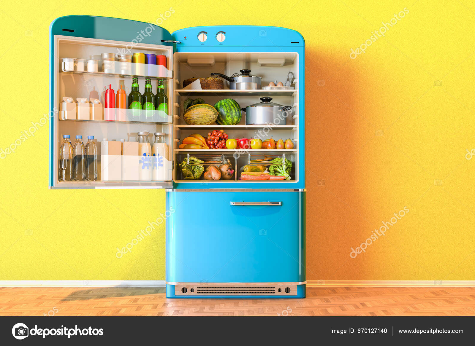 Nevera Abierta Con Frutas Verduras Frescas Comida Saludable Cerca Pared ...