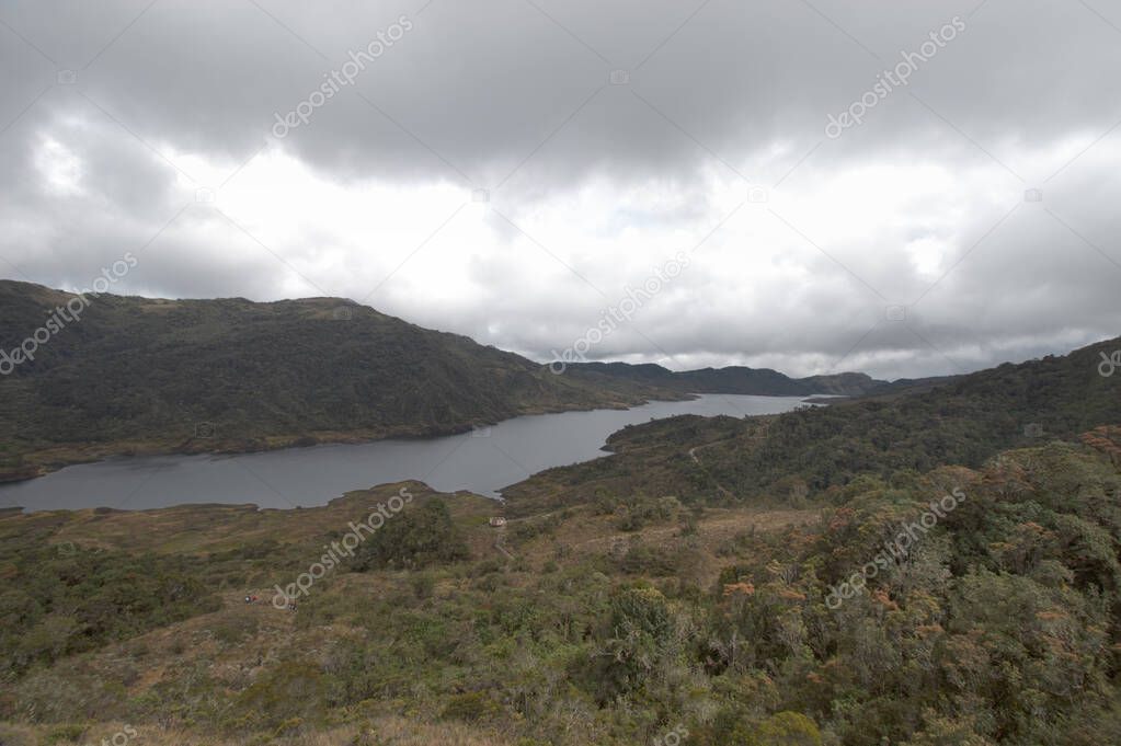 CHINGAZA, COLOMBIA - Chuza reservoir panorama with andean mountains and ...