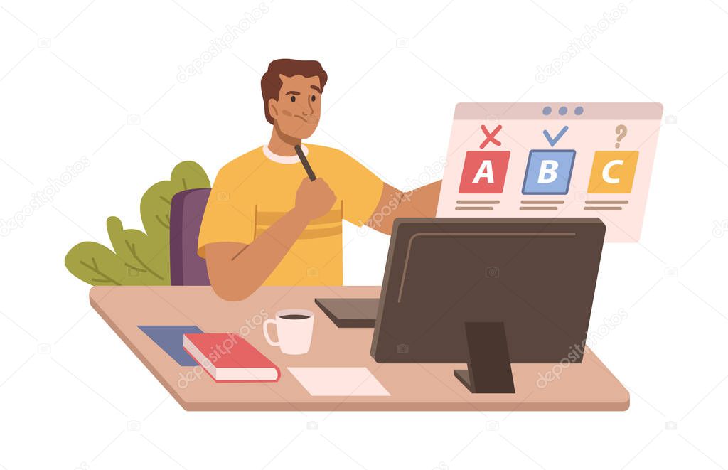 Online test or examination of knowledge. Isolated man thinking on ...
