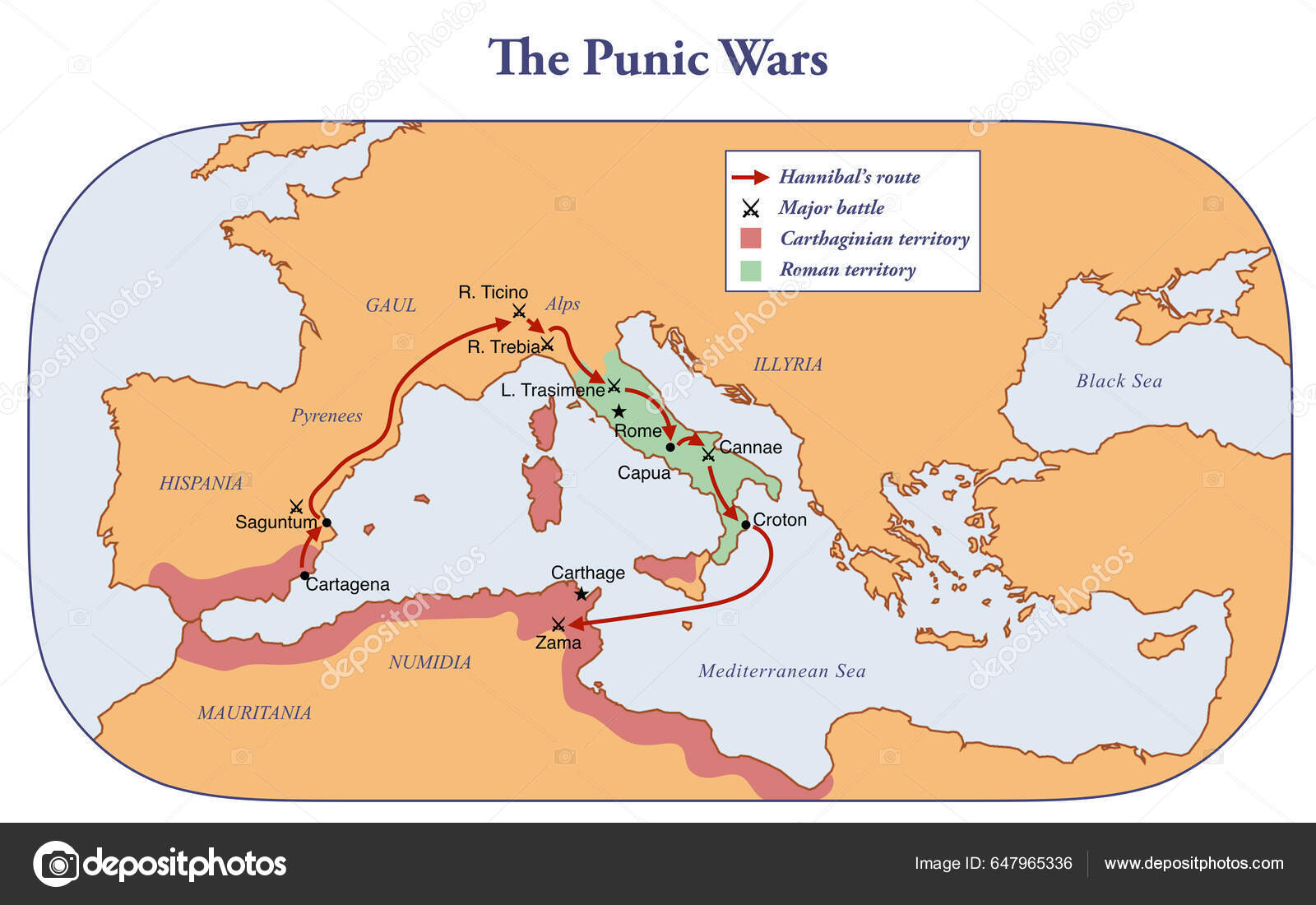 Mapa Los Territorios Controlados Por Roma Cartago Durante Las Guerras ...