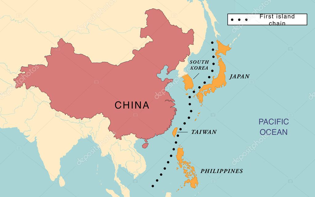 La primera cadena de islas entre Japón, Corea del Sur, Taiwán, Filipinas y China 2024