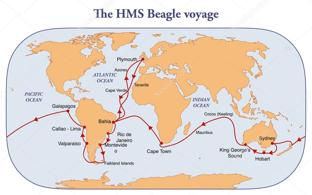 La ruta del viaje del HMS Beagle alrededor del mundo 2024