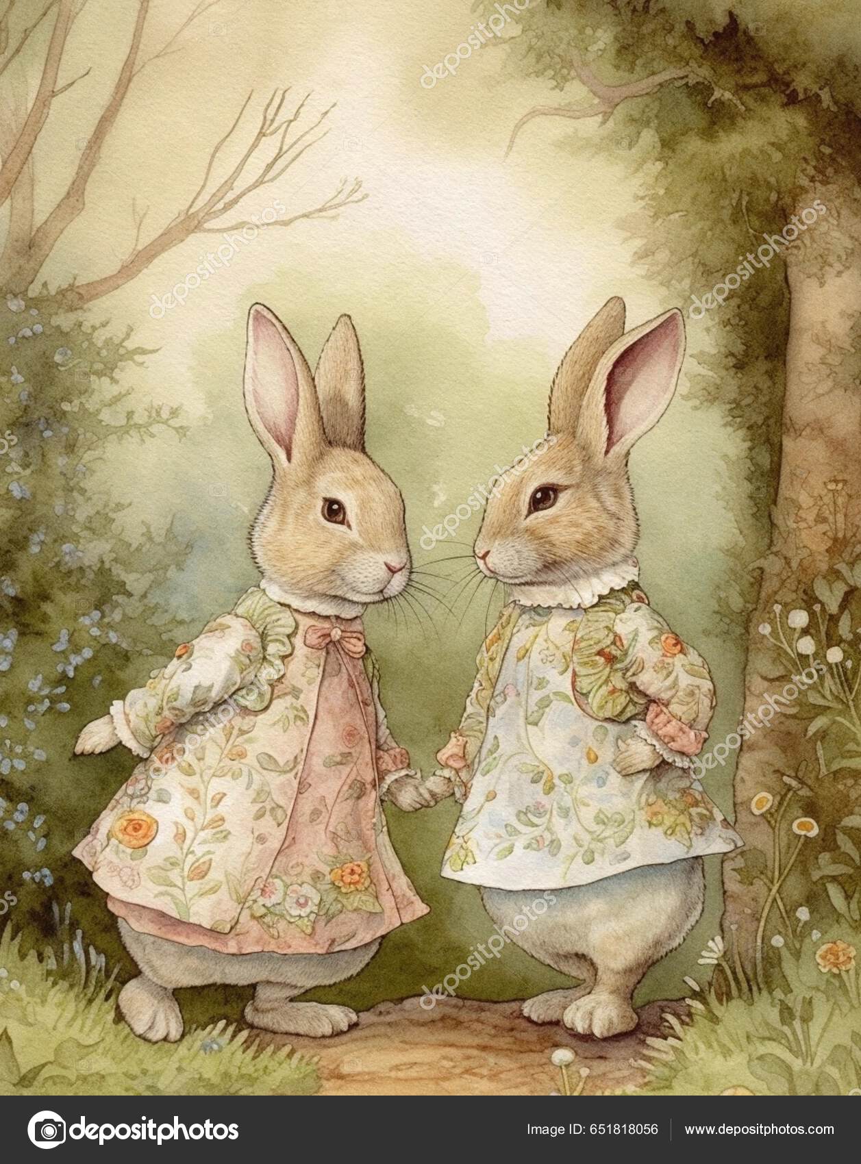 Watercolor Vintage Drawing Two Cute Rabbits Vintage Atmosphere Dating ...