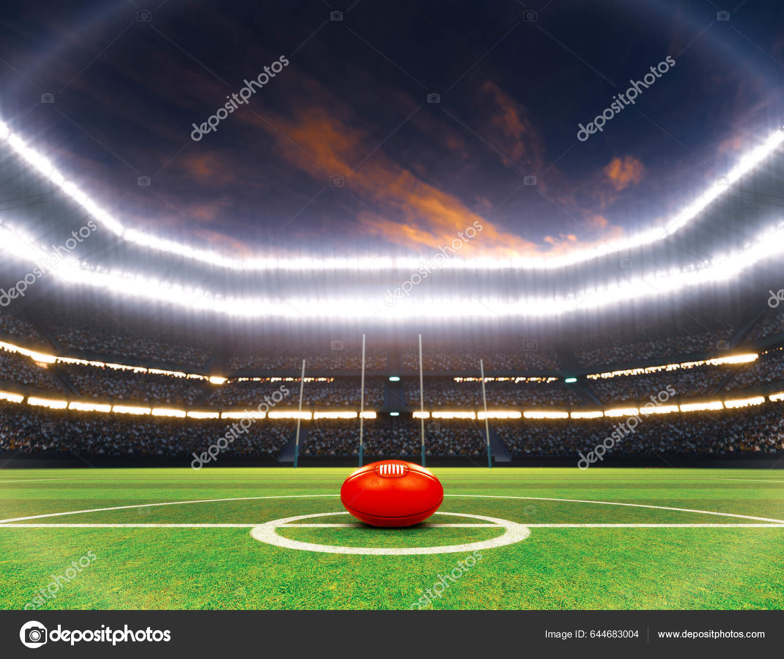 Red Aussie Rules Ball Center Line Stadium Posts Marked Green — Stock ...