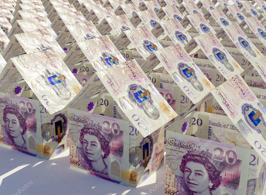 Un concepto de billetes de banco de libra plegado en forma de una masa ...