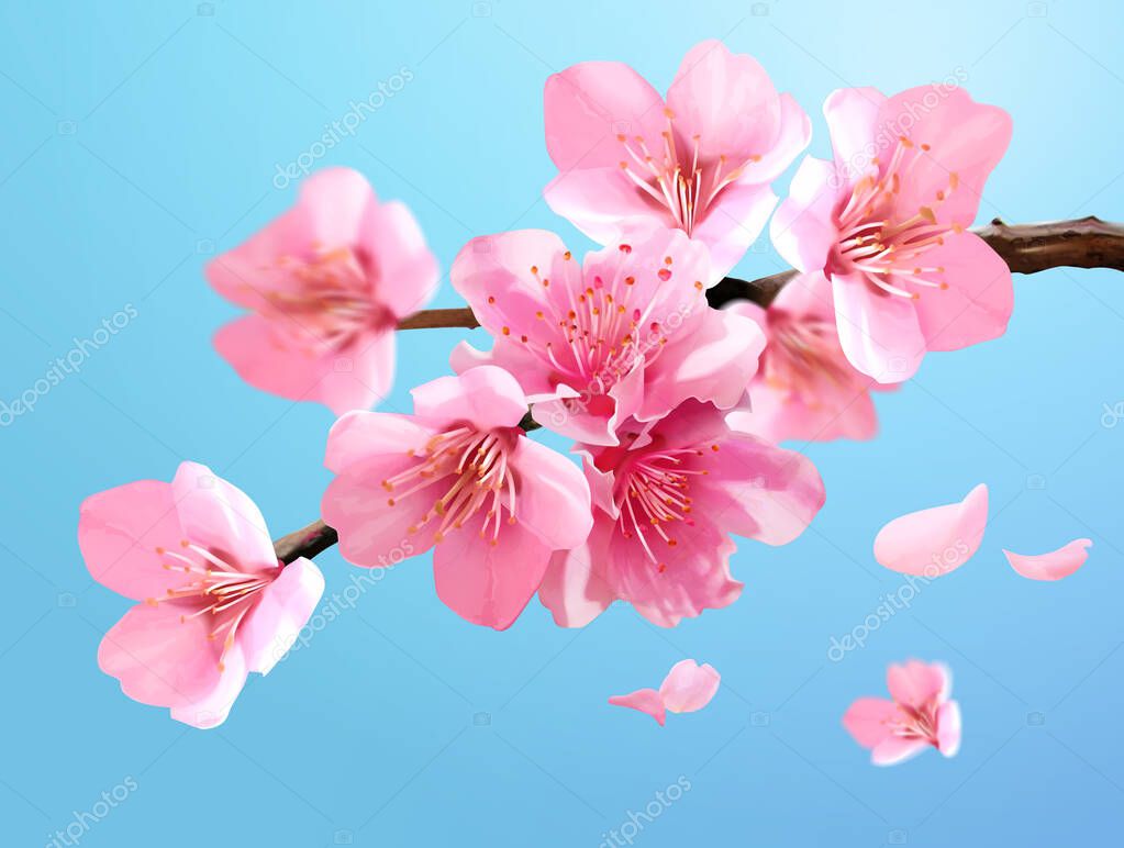 Ilustración 3D de sakura floreciendo en ramas con pétalos de flores ...