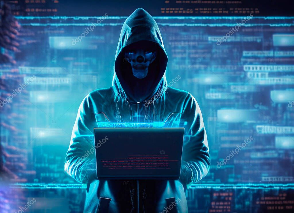 hacker de aspecto malvado con el cráneo como la cara en una chaqueta ...