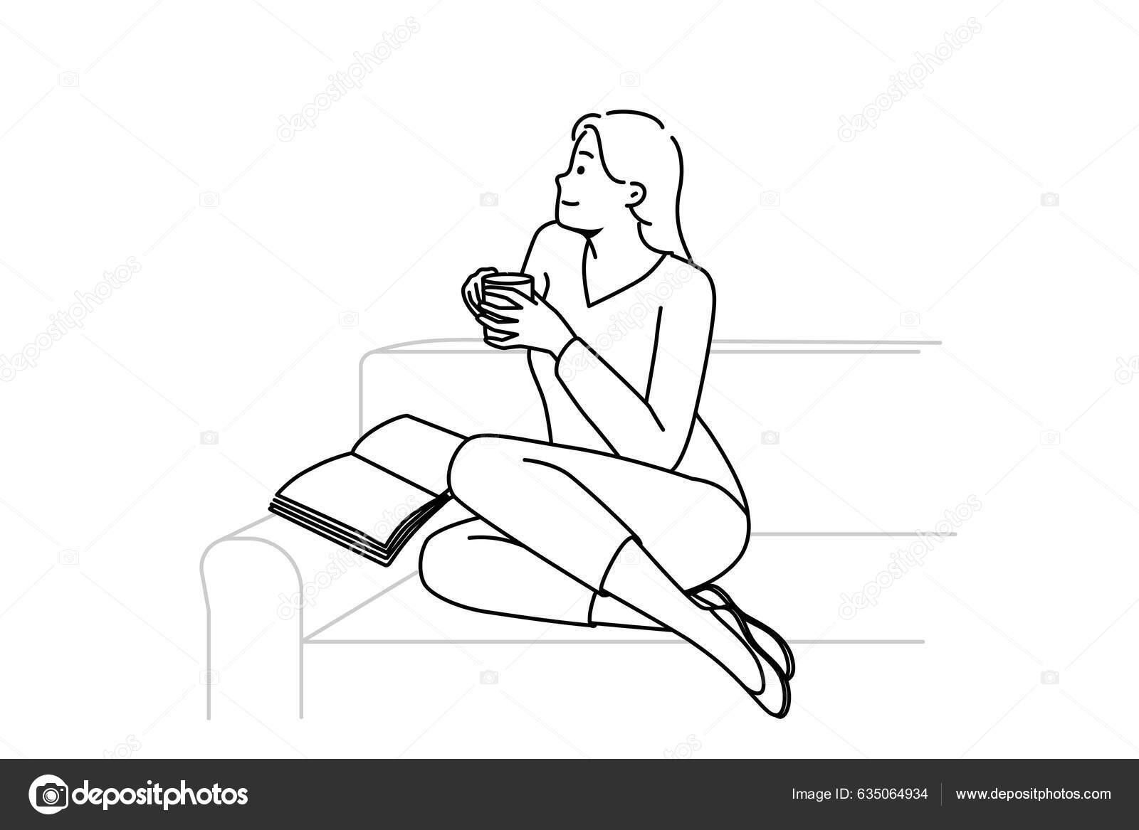 Dreamy Young Man Sit Sofa Reading Book Drinking Coffee Happy Stock Vector By ©littleprince