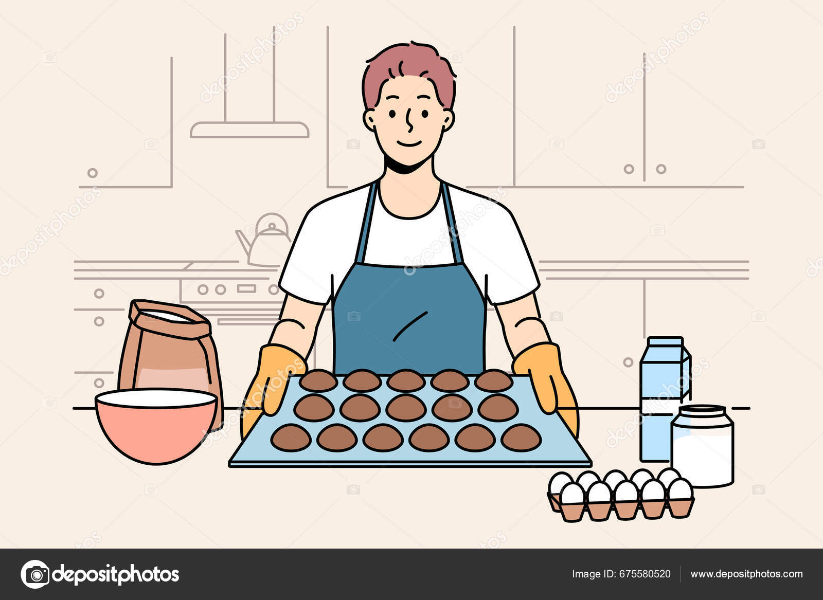 Man Baker Prepares Oatmeal Cookies Gingerbread While Standing Kitchen ...