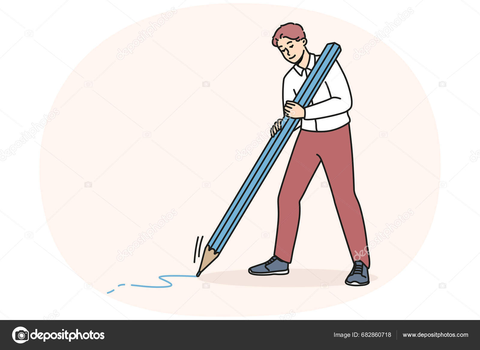 Happy Young Man Huge Pencil Drawing Taking Notes Smiling Male Stock ...