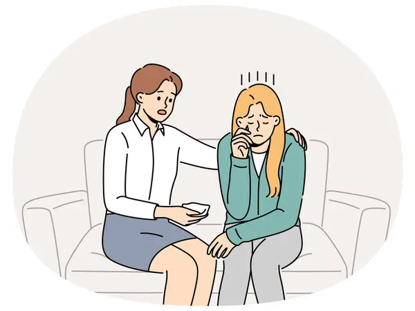 Mujer llorona en la recepción del psicólogo paciente consolador sentado ...