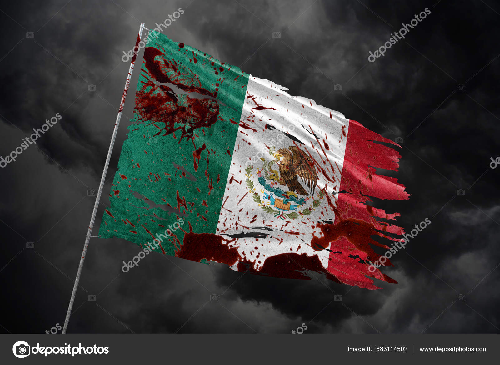 Mexico Torn Flag Dark Sky Background Blood Stains — Stock Photo ...