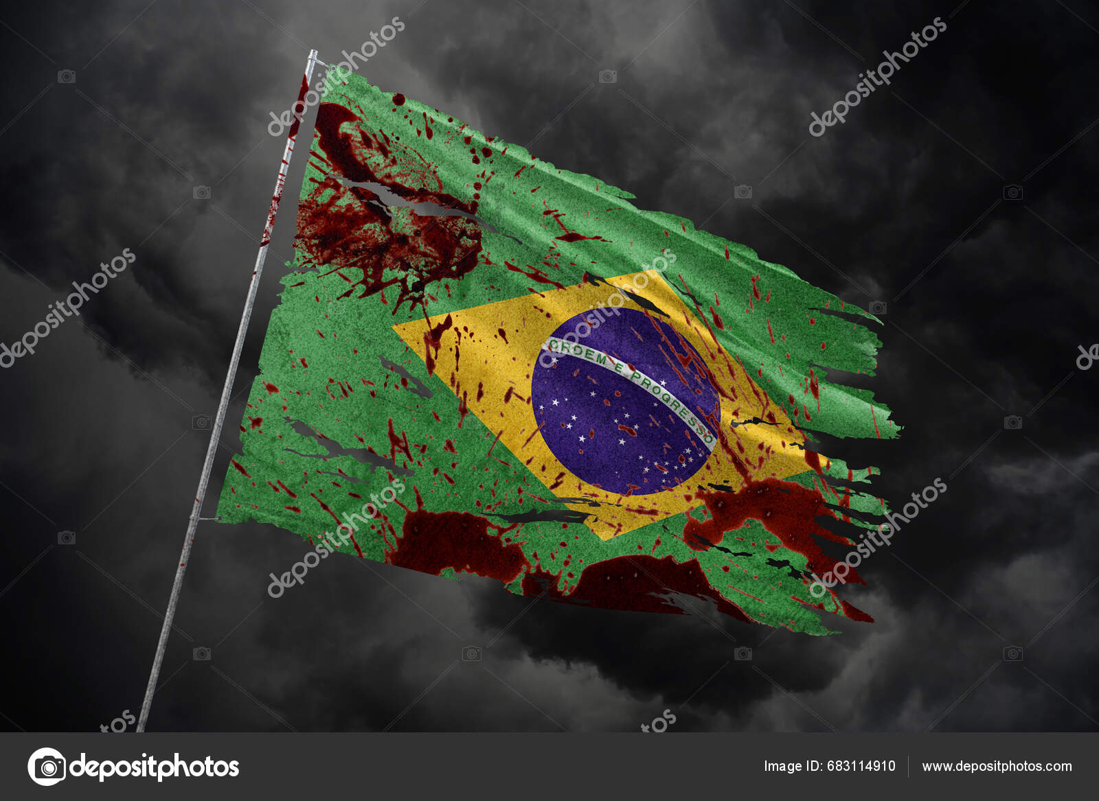Brazil Torn Flag Dark Sky Background Blood Stains — Stock Photo ...