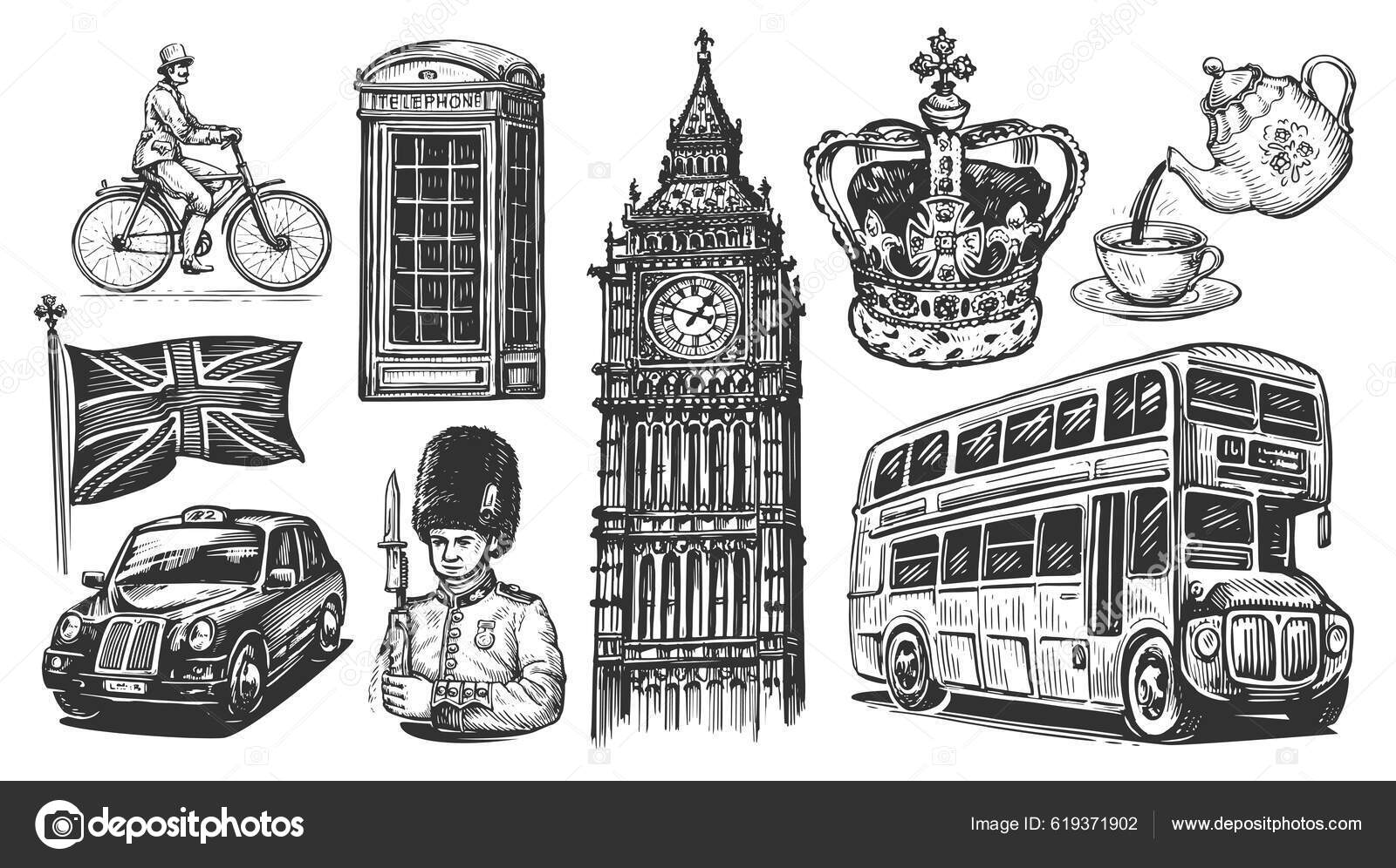 England London Set Hand Drawn Collection Illustrations Vintage ...