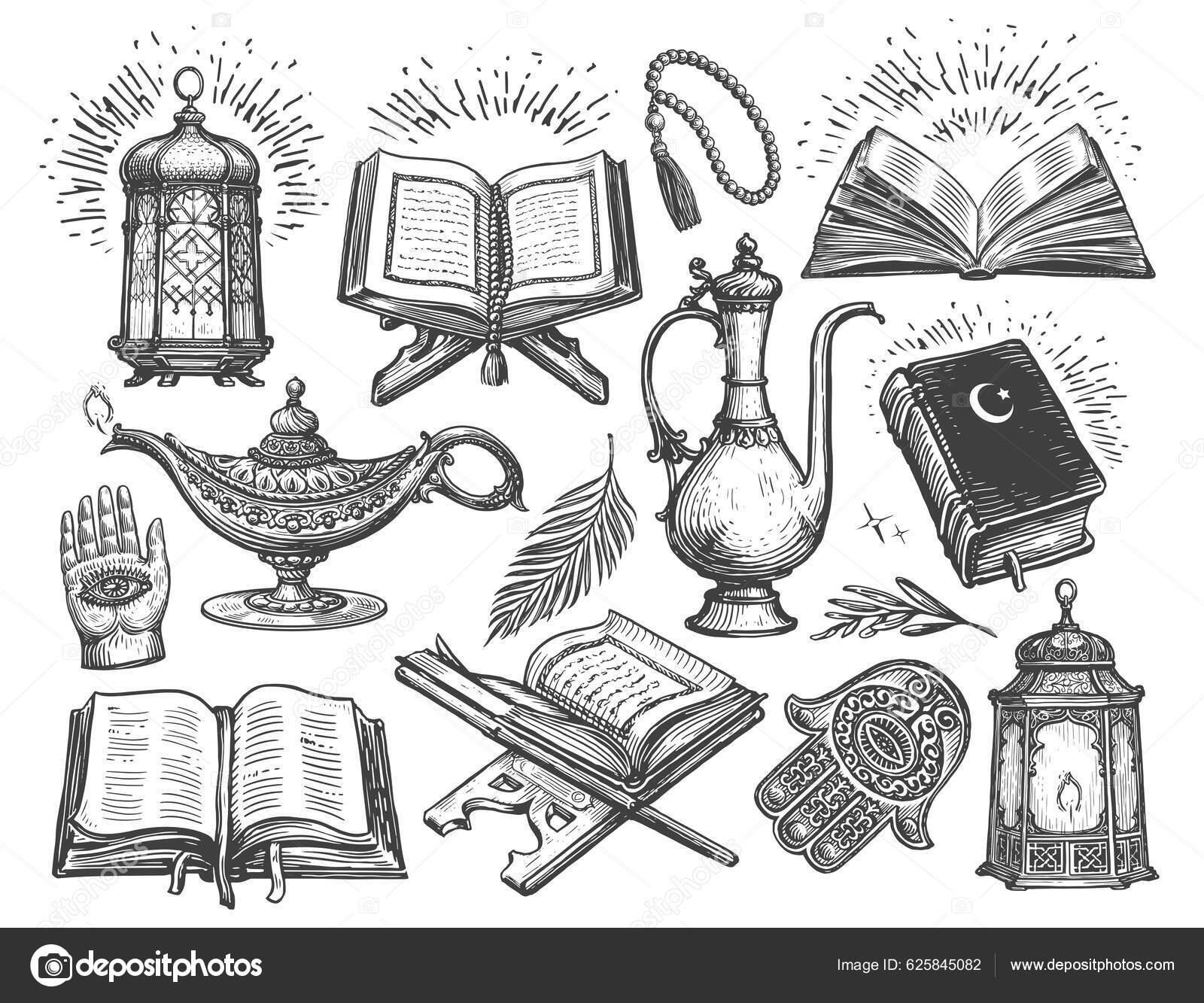 Islam Concept Sketch Worship Religious Objects Symbols Vintage ...