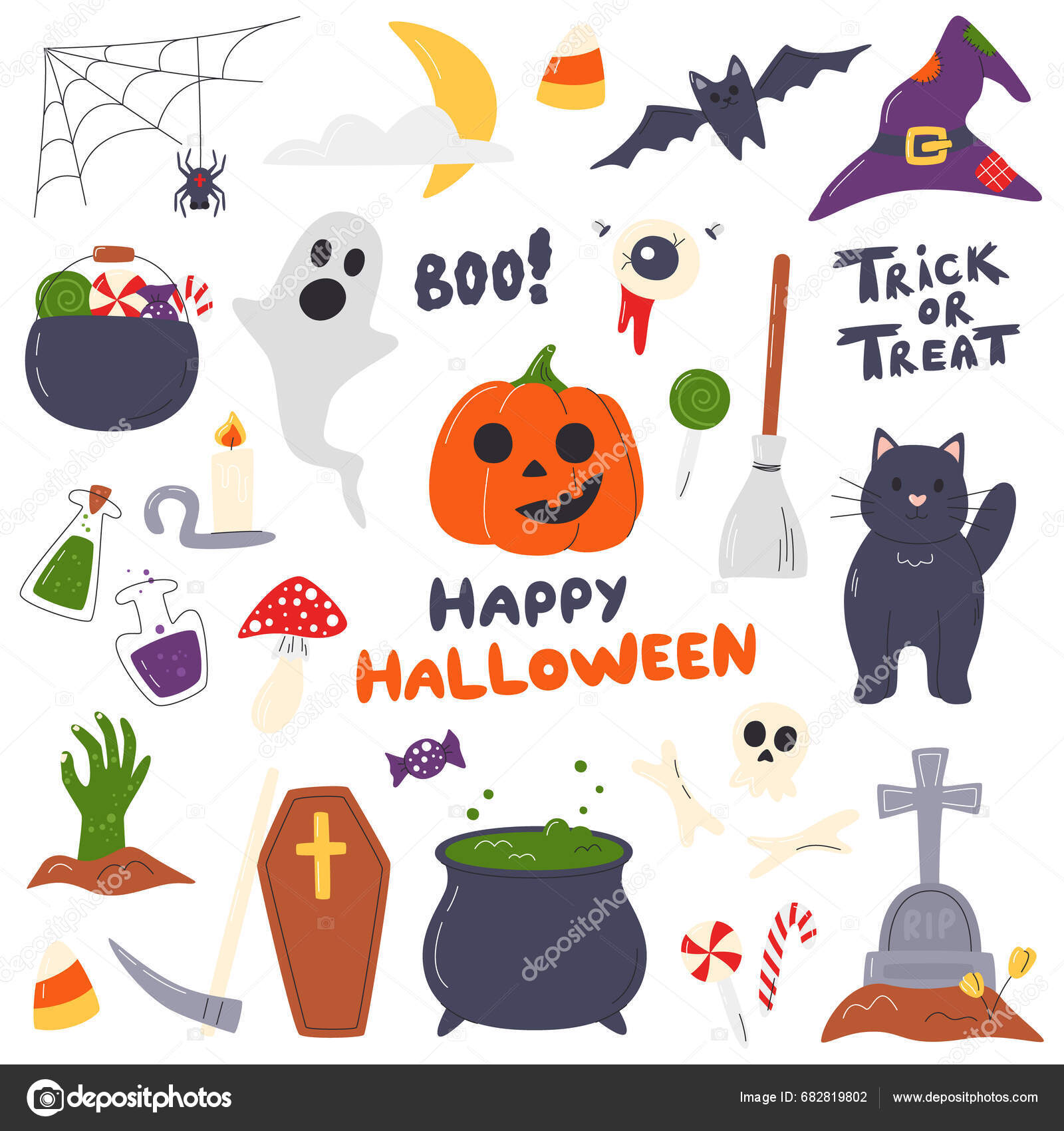 Halloween Festive Elements Set Isolated October Traditional Spooky ...