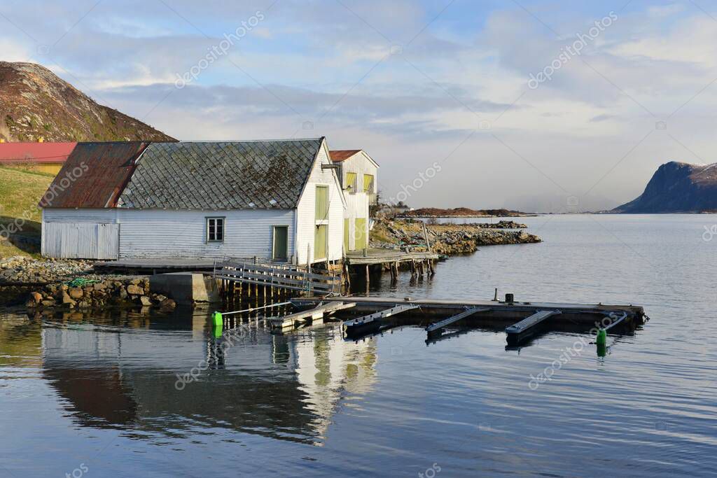 Fishing huts with jetty, Torvik, Leinya Island, Mre og Romsdal, Norway ...