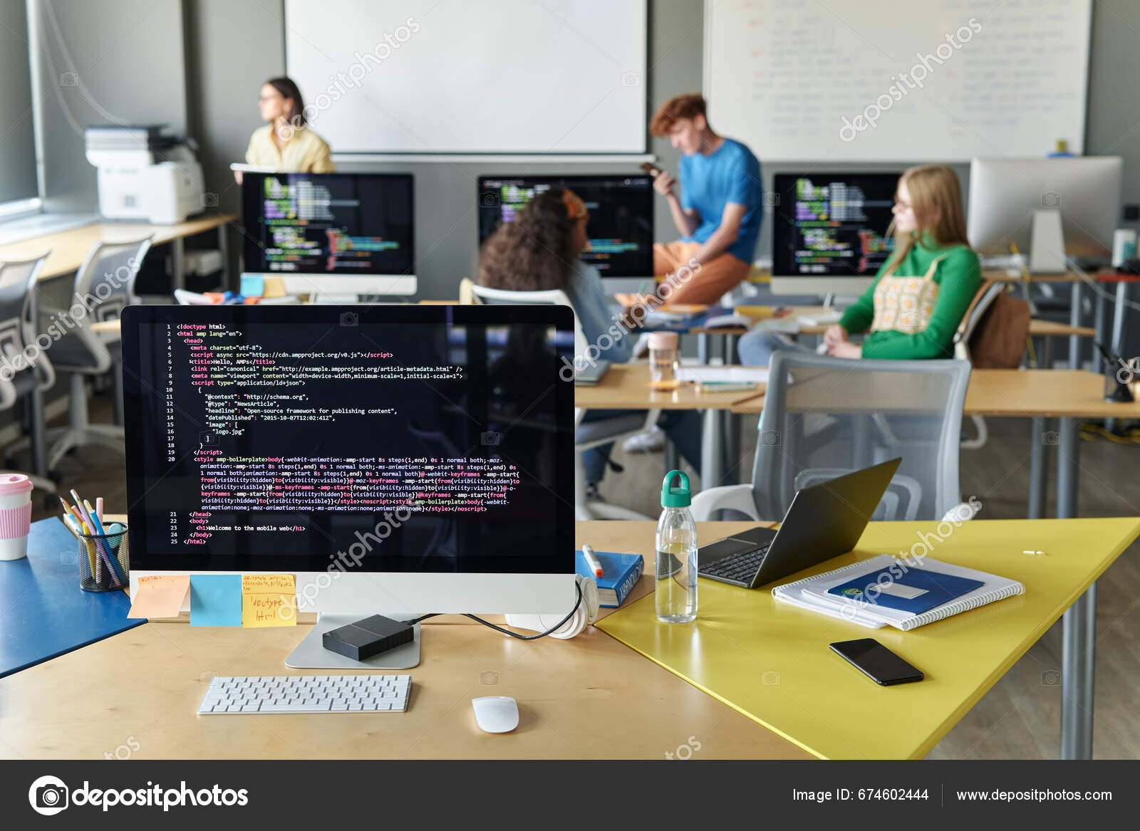 Close Classroom Computer Desk Lesson Students Background Stock Photo by ...