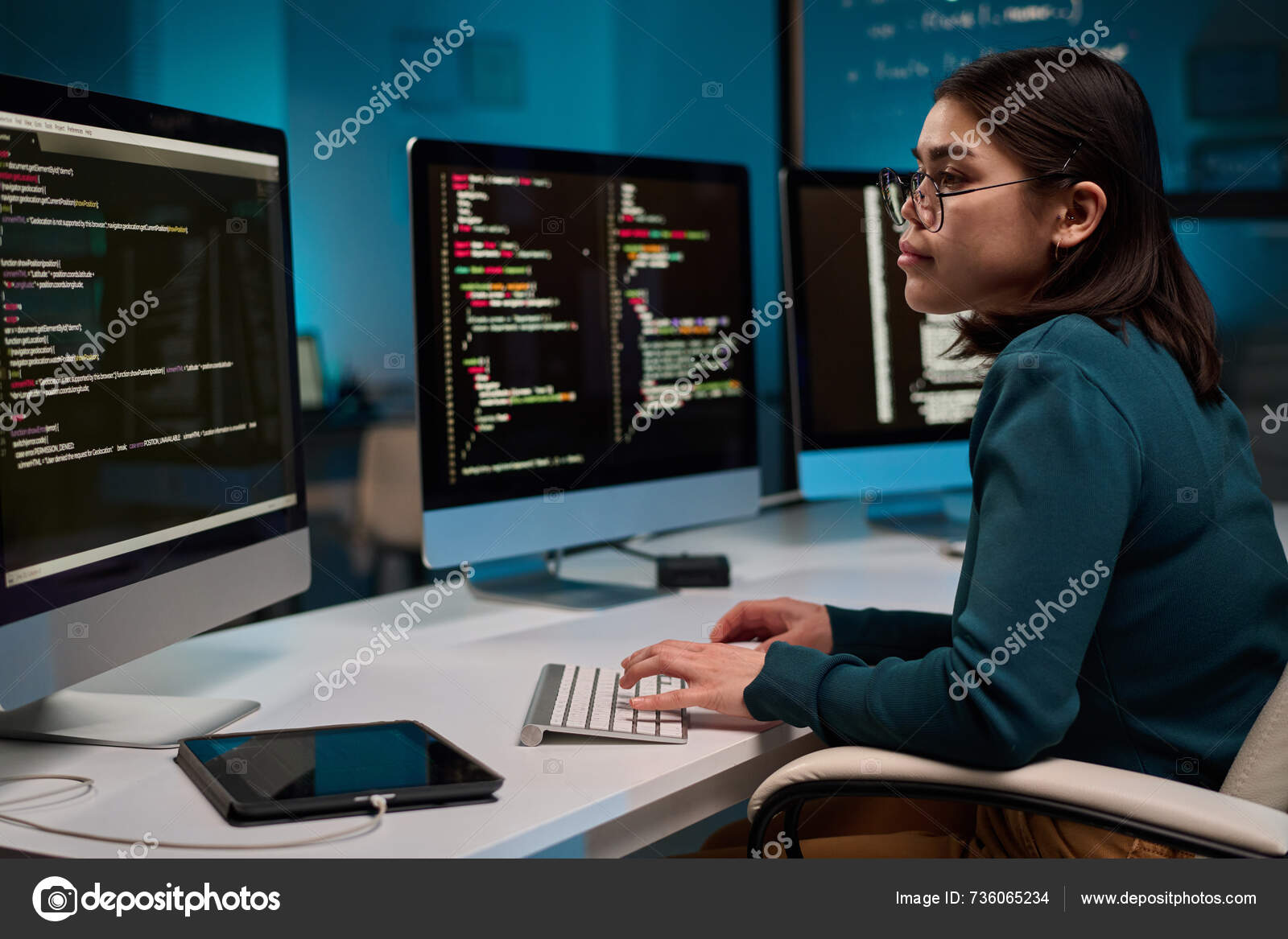 Side View Portrait Female Computer Programmer Typing Keyboard Writing ...