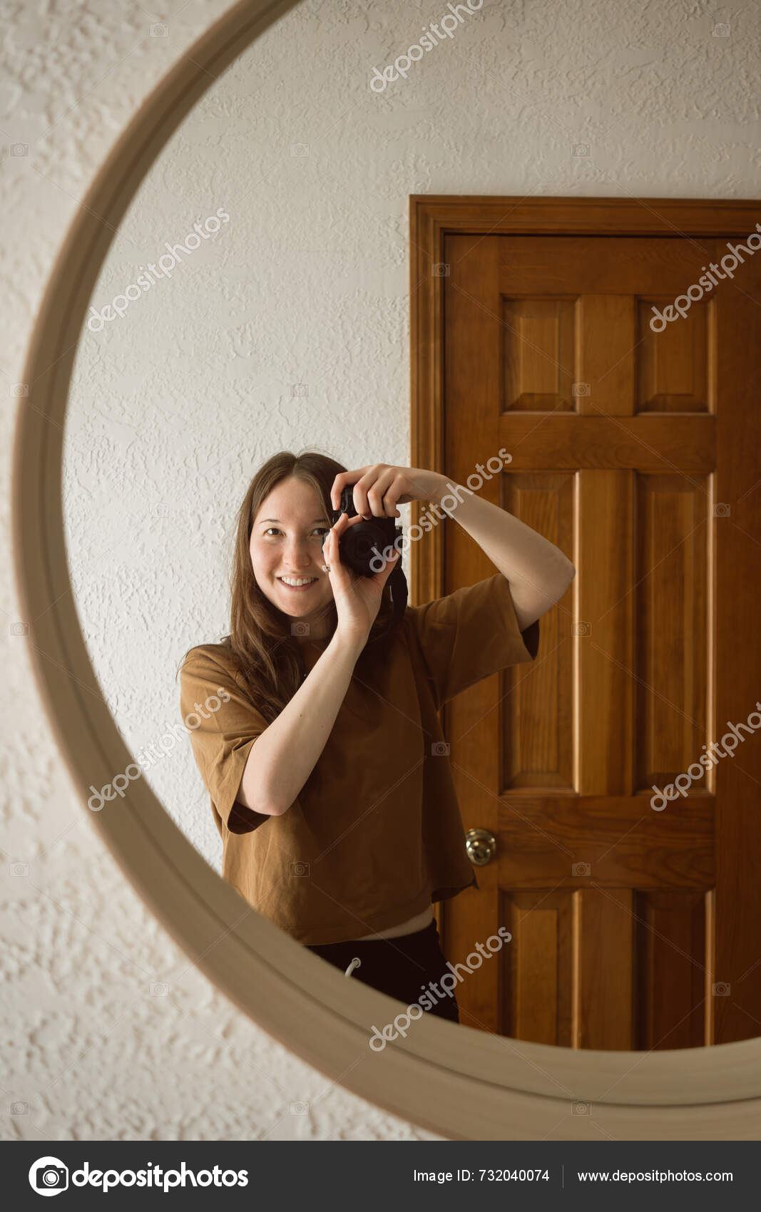 Woman Smiles Reflection Mirror While Taking Candid Photo — Stock Photo ...