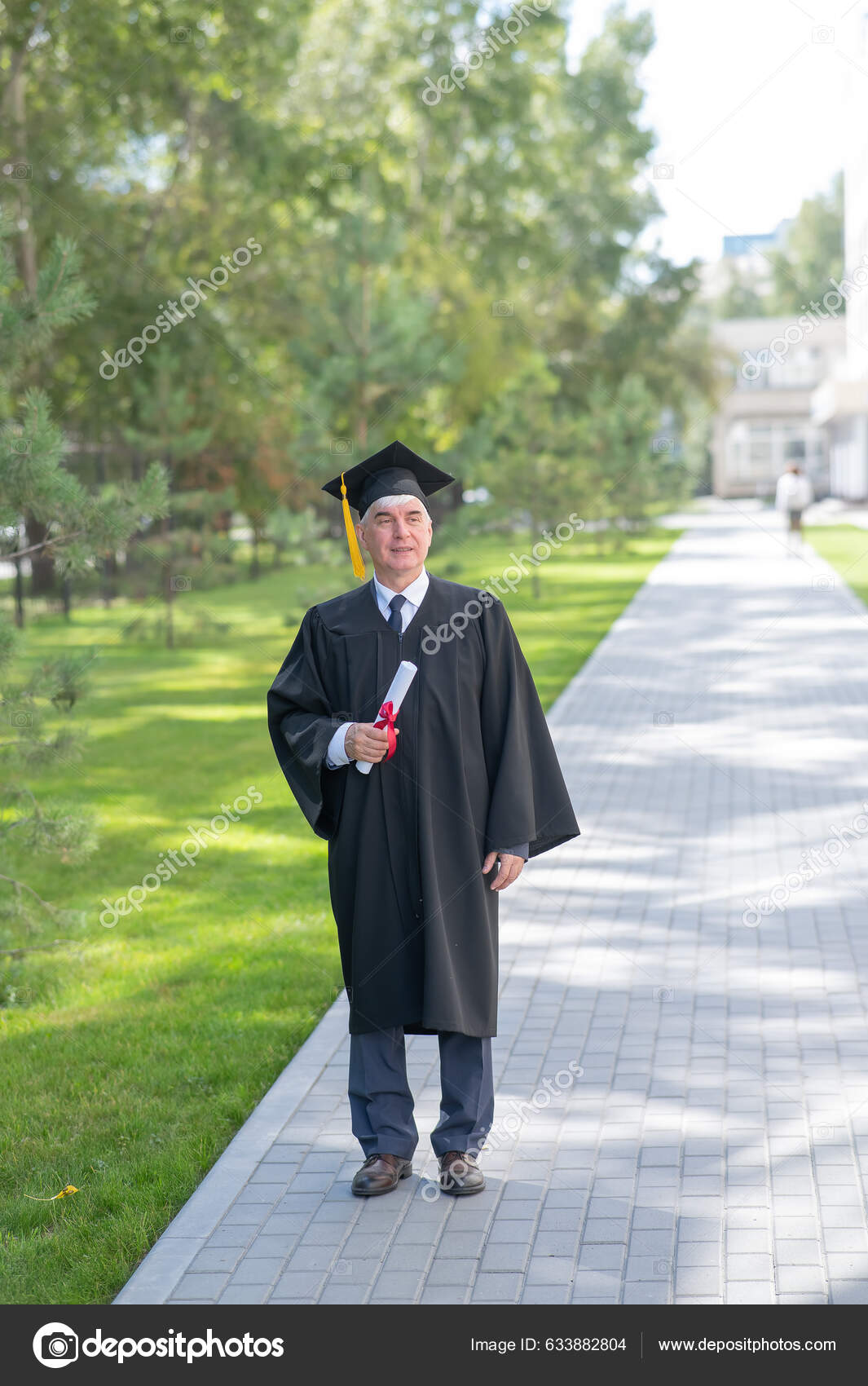 Old Man Graduation Gown Walks Outdoors Holds Diploma Stock Photo by ...