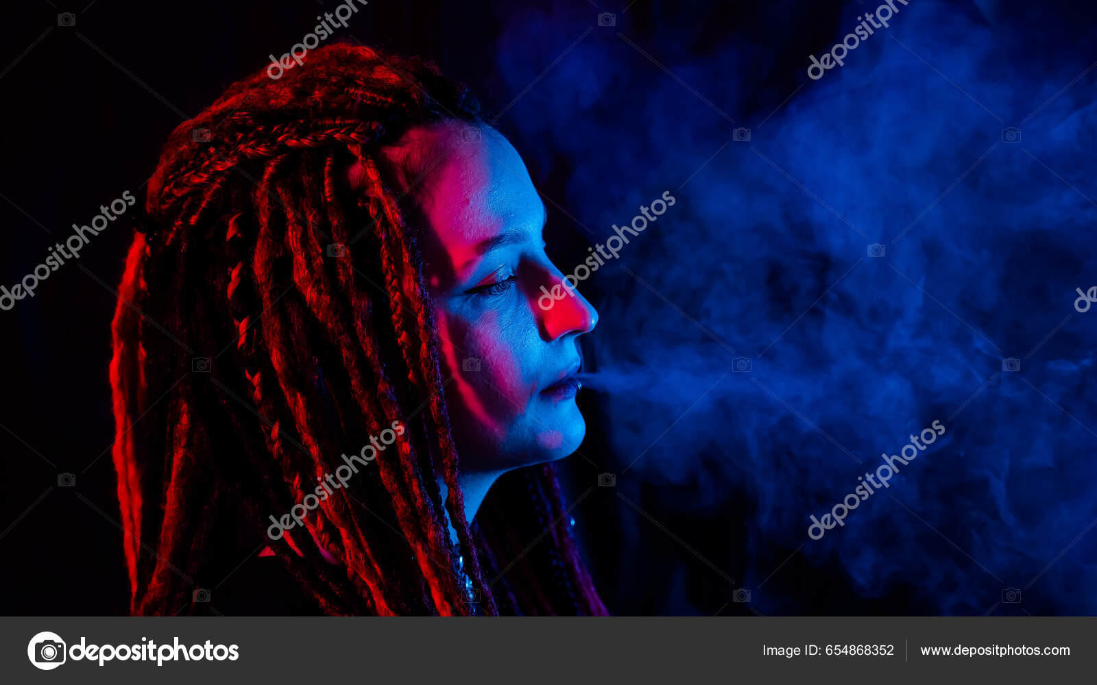 Profile Caucasian Girl Dreadlocks Smokes Vape Red Blue Light — Stock ...