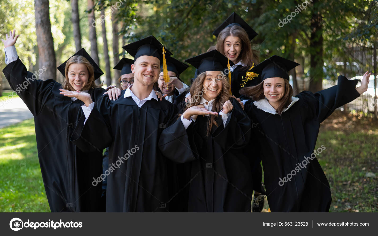 Group Graduates Robes Congratulate Each Other Graduation Outdoors ...