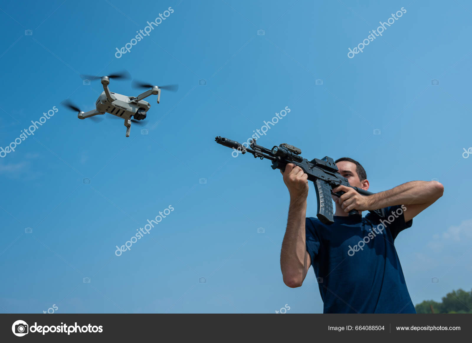 Man Aims Shoot Rifle Flying Drone Blue Sky — Stock Photo © inside ...