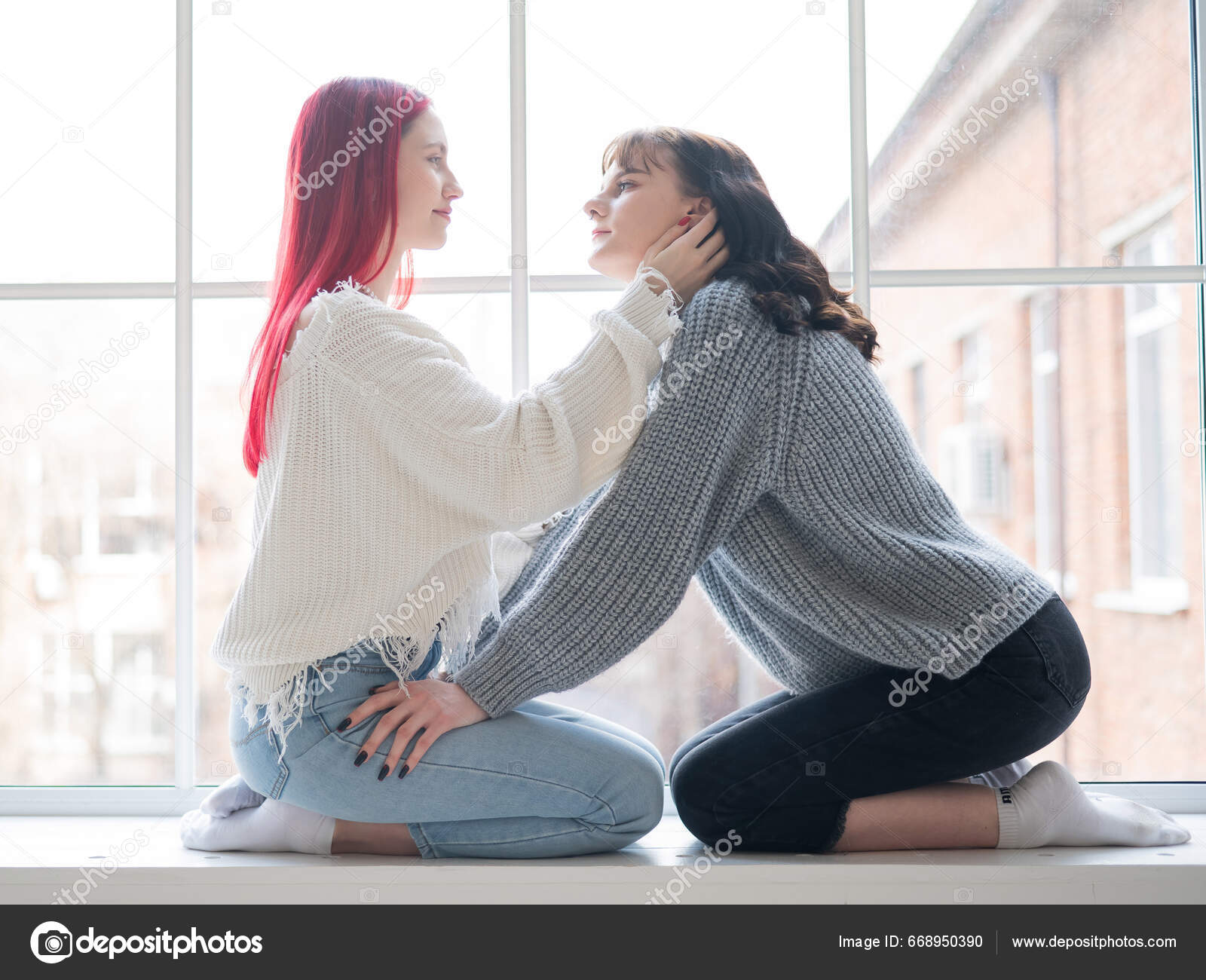 Two Women Dressed Sweaters Sit Window Gently Hug Lesbian Intimacy ...