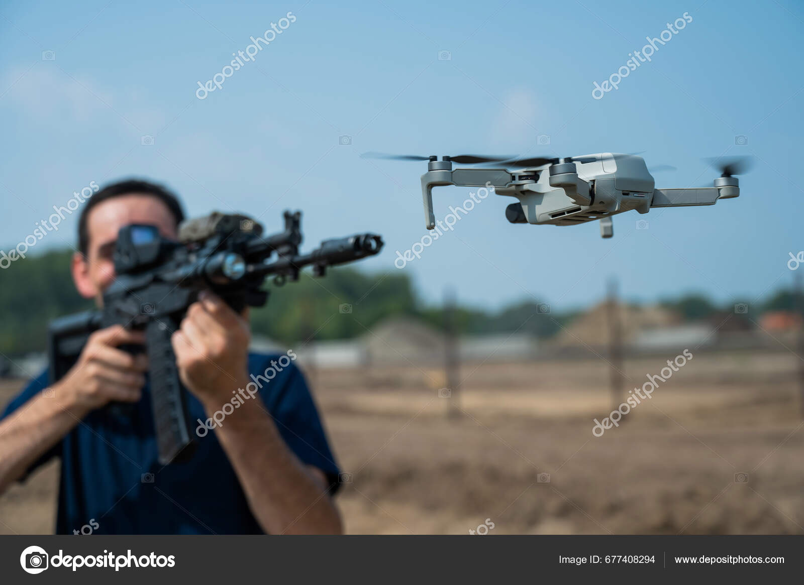 Man Aiming Shoot Rifle Flying Drone Outdoors — Stock Photo © inside ...