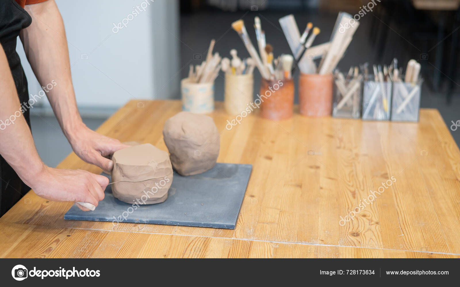 Potter Cuts Piece Clay Pieces Using Workshop — Stock Photo © inside ...
