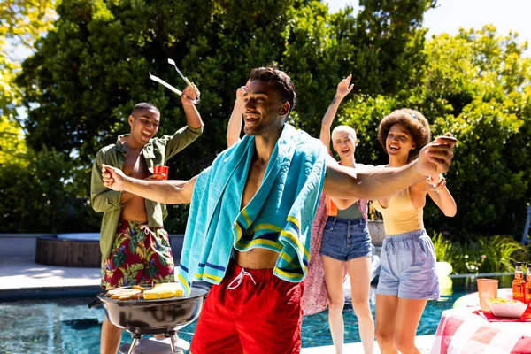 Happy Diverse Group Friends Having Pool Party Drinking Beer Garden ...