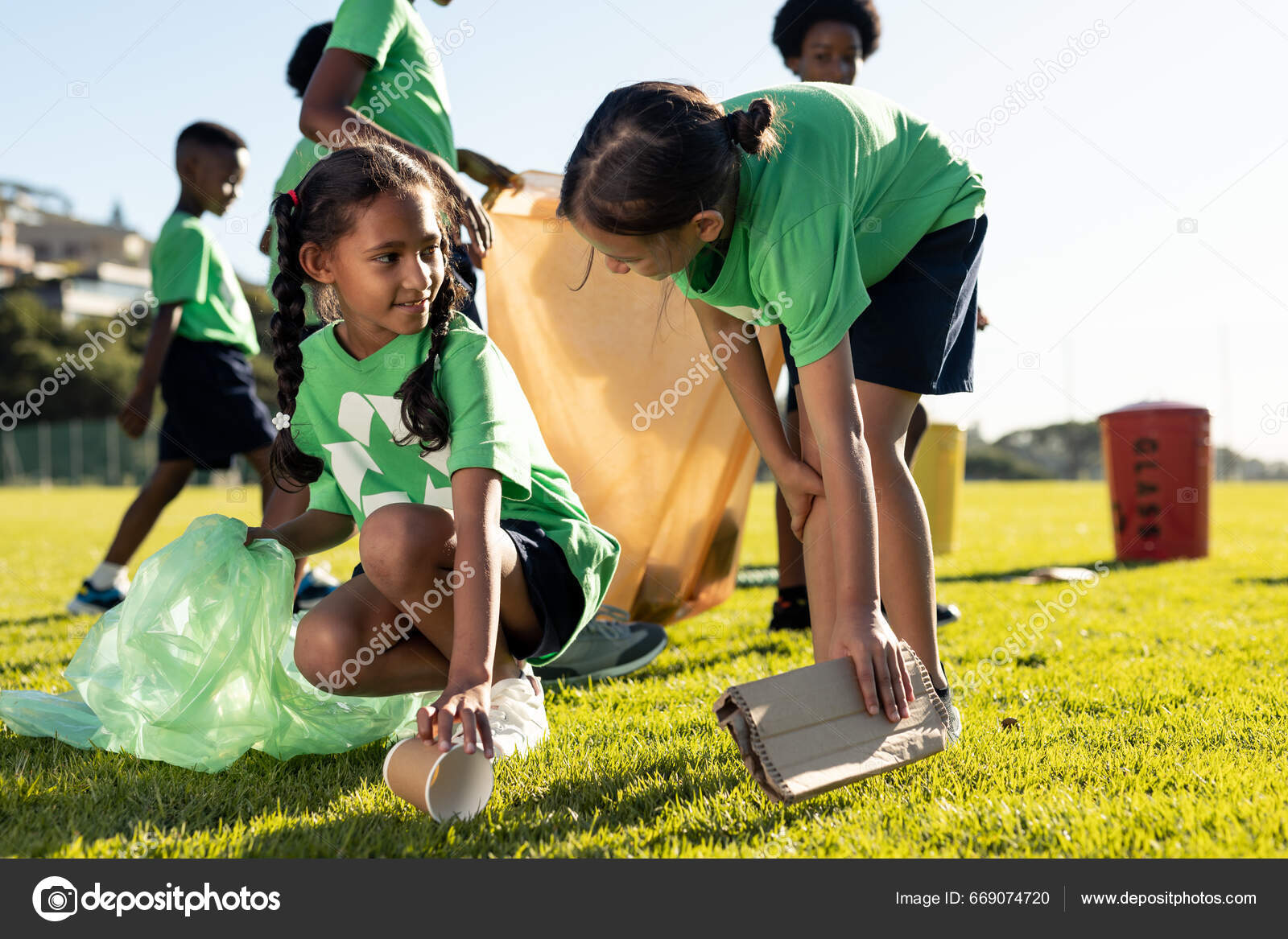 Happy Diverse Children Collecting Plastic Waste Sunny Elementary School ...