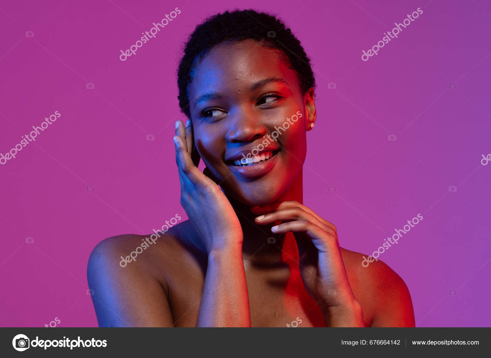 Smiling African American Woman Short Hair Hands Touching Face Purple