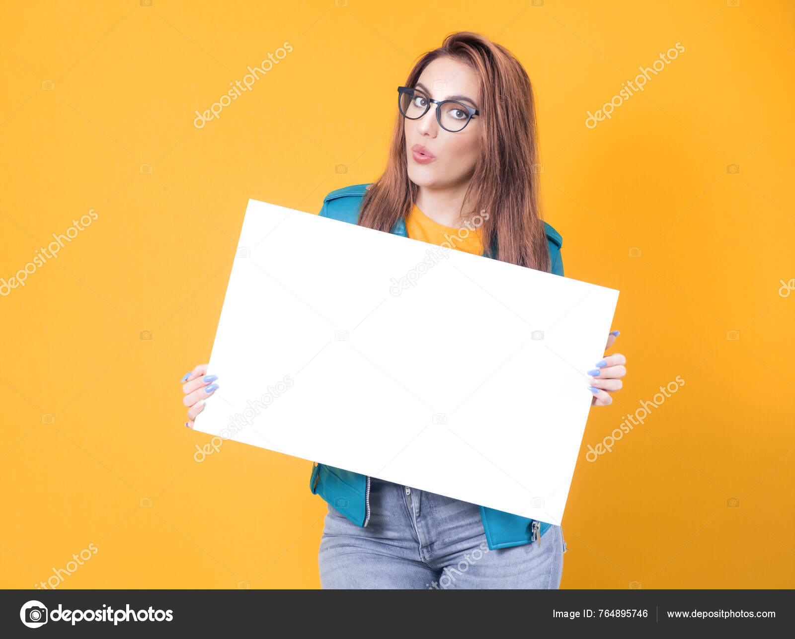 Surprised Promoting Women Holding White Board Wearing Blue Leather ...