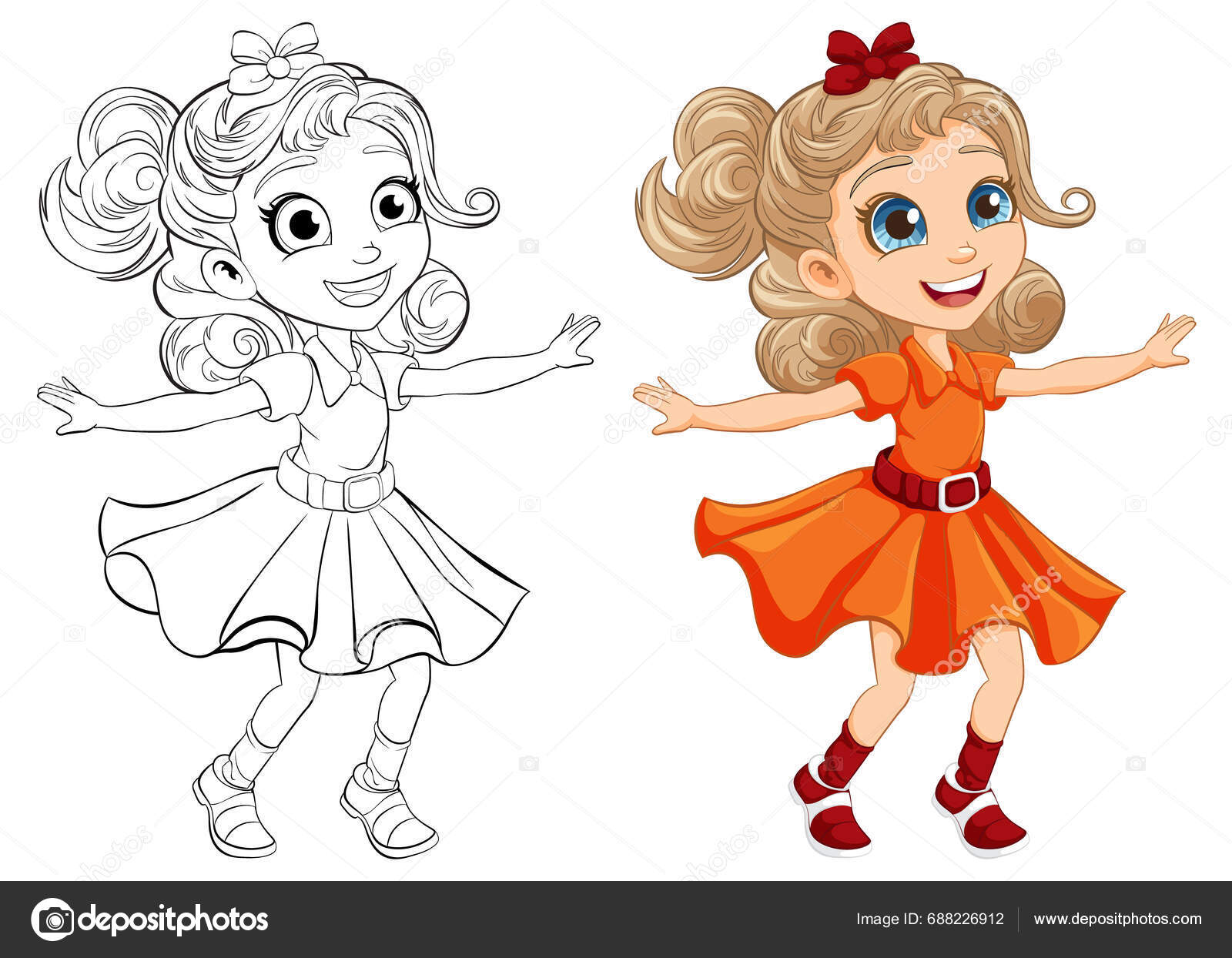 Joyful Cartoon Girl Dancing Coloring Pages Stock Vector by ...
