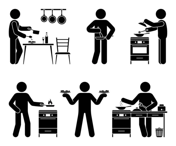Stick Figure Chef Cook Vector Illustration Set Stickman Person Cooking ...