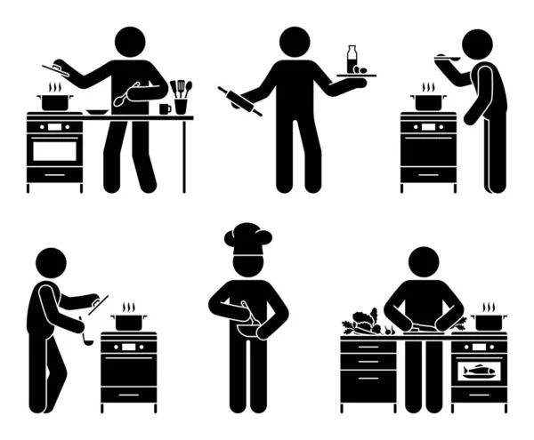 Stick Figure Chef Cook Vector Illustration Set Stickman Person Cooking ...