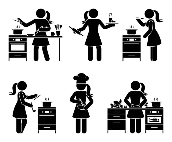 Stick Figure Chef Cook Vector Illustration Set Stickman Person Cooking Vector de stock por ...