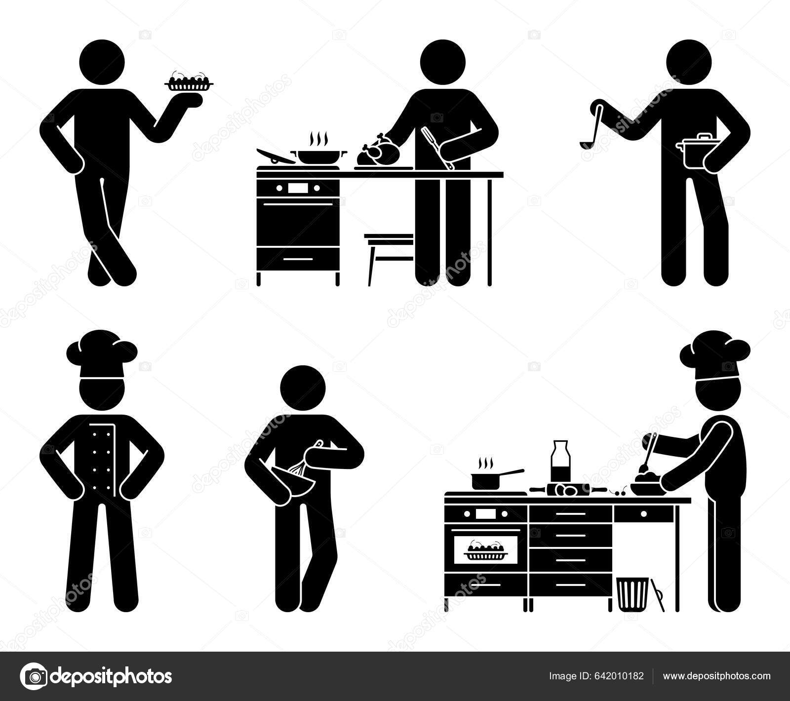 Stick Figure Chef Cook Vector Illustration Set Stickman Person Cooking ...