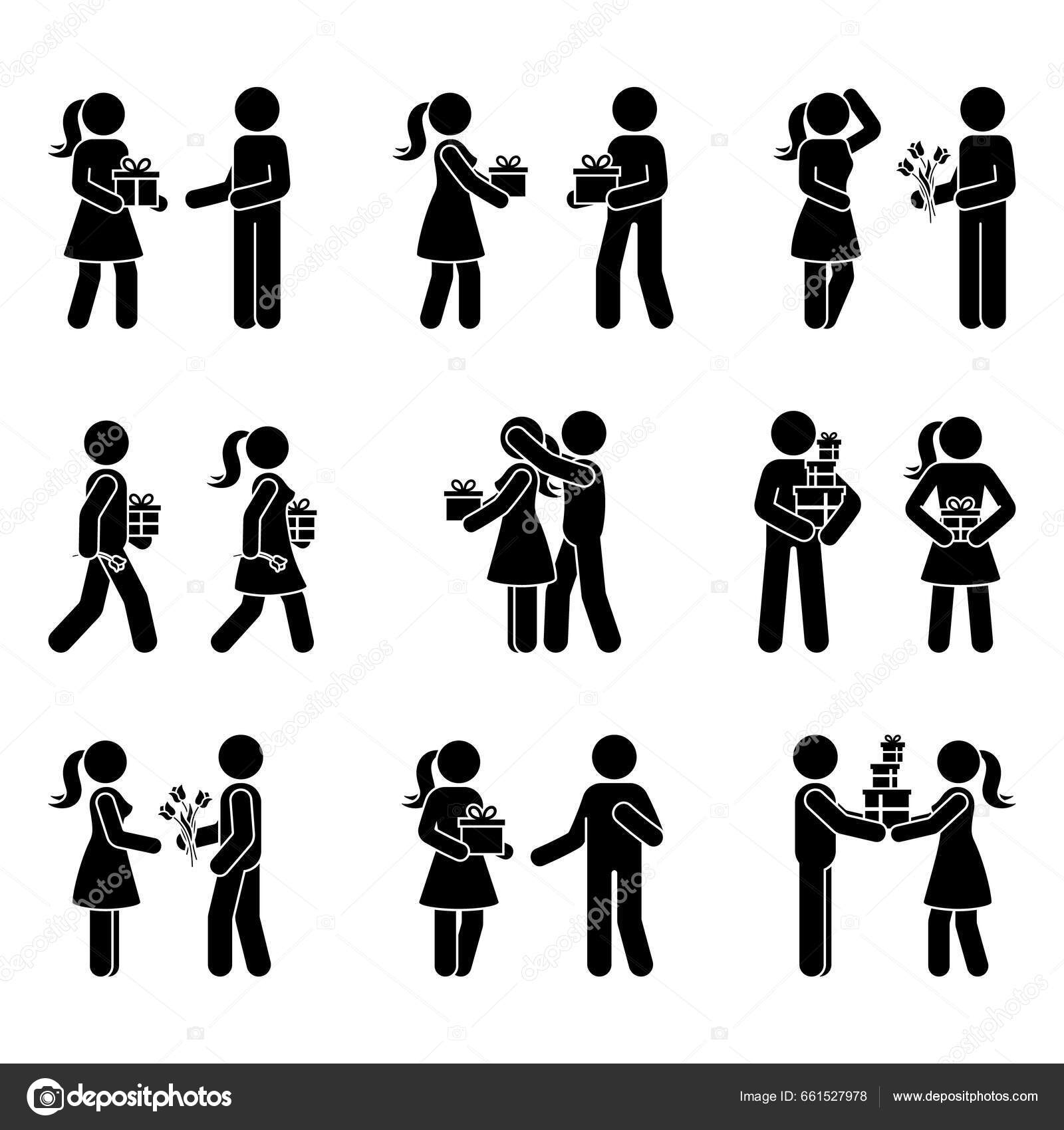 Stick Figure People Giving Present Vector Illustration Set Pria Dan ...