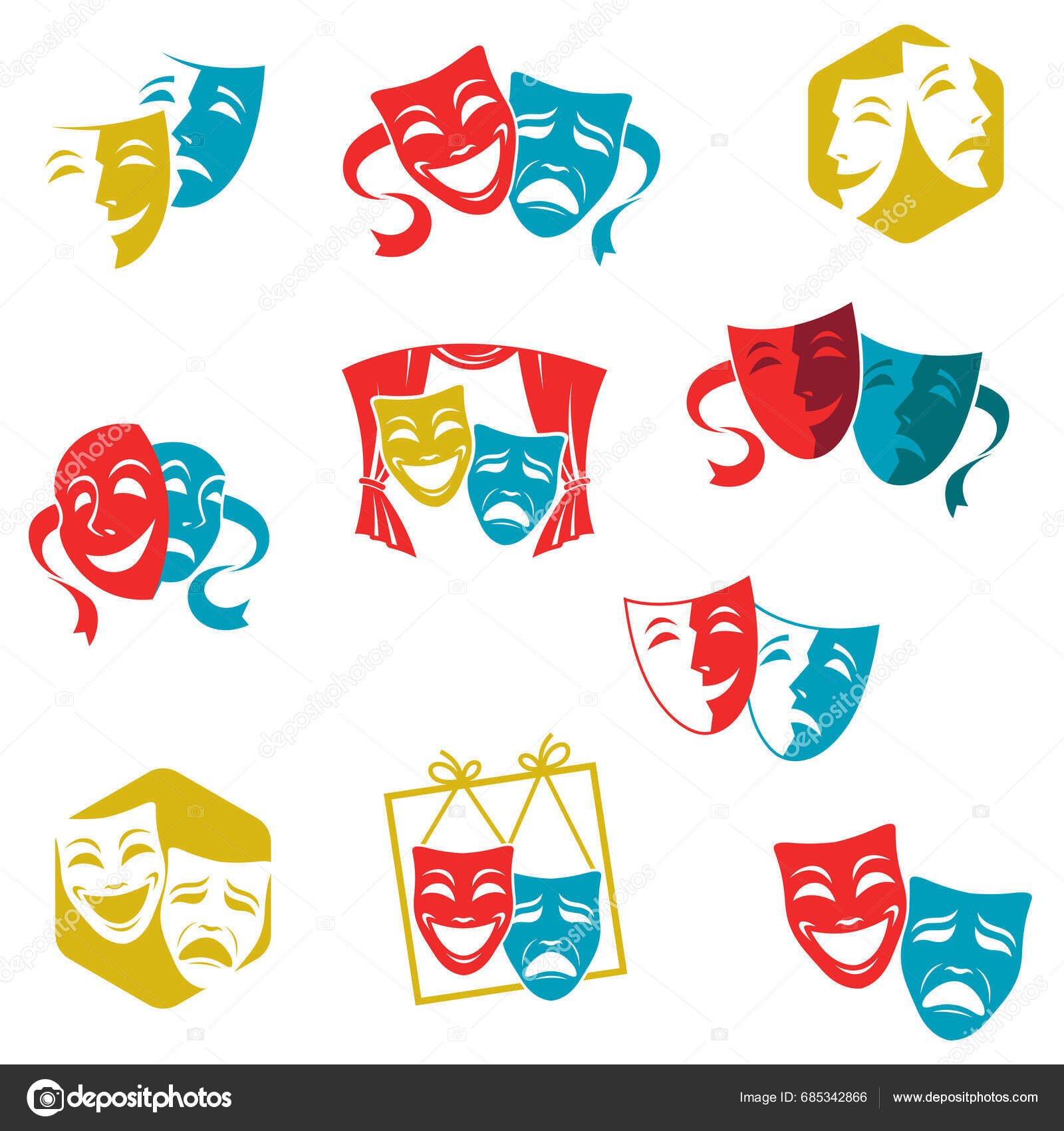 Collection Comedy Tragedy Theatrical Masks Isolated White Background ...