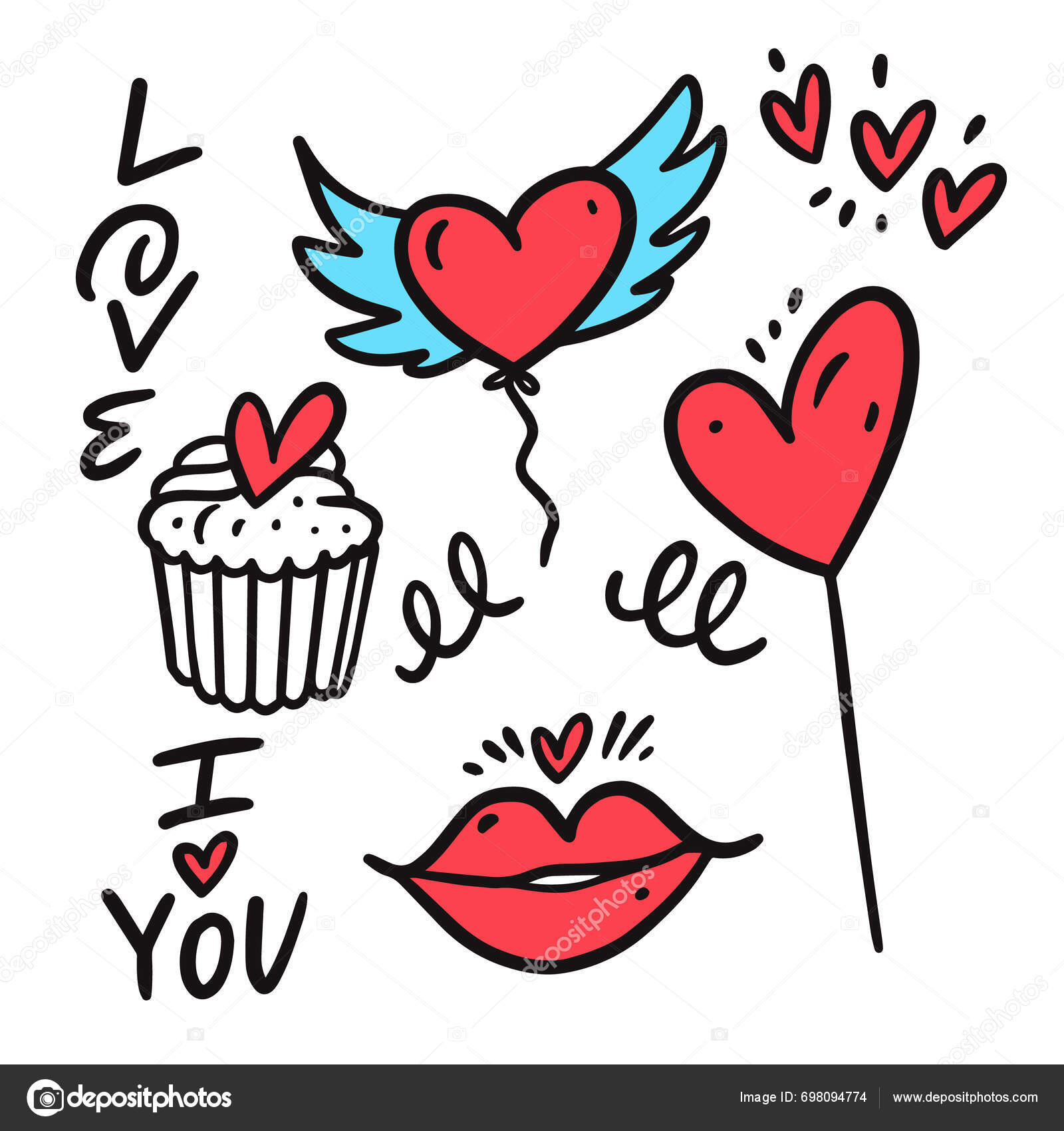 Hand Drawn Love Valentines Day Doodle Elements Set Vector Clipart Stock ...
