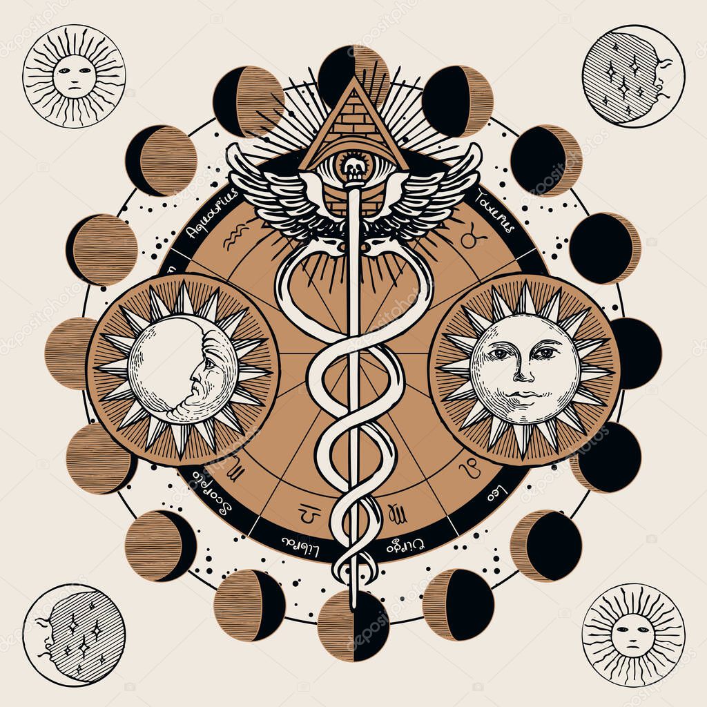 Caduceus with two snakes and wings. Vector banner with hand-drawn staff ...