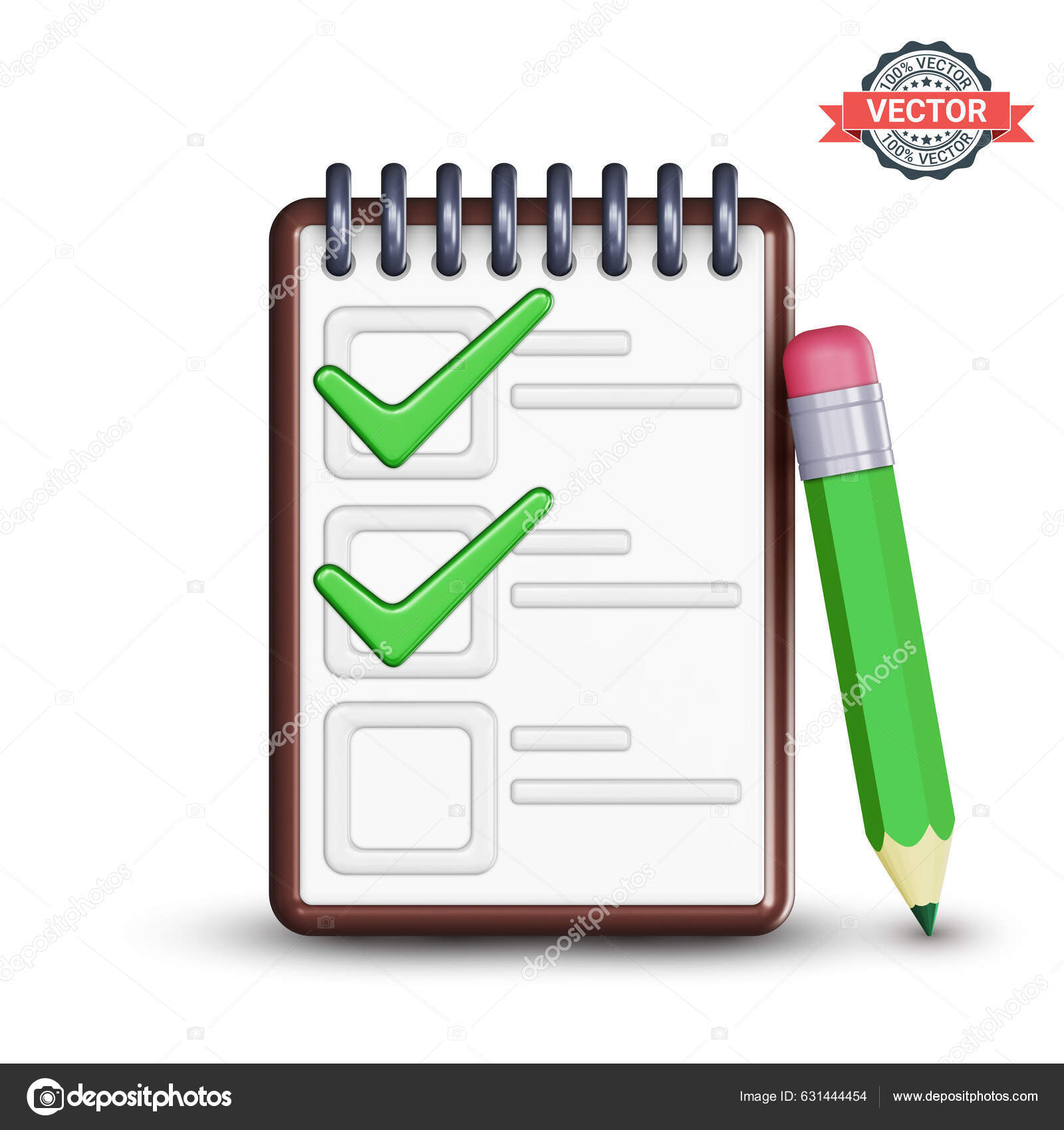 Notepad Ikon Med Tjekliste Grønne Flåter Blyant Realistisk Vektor ...