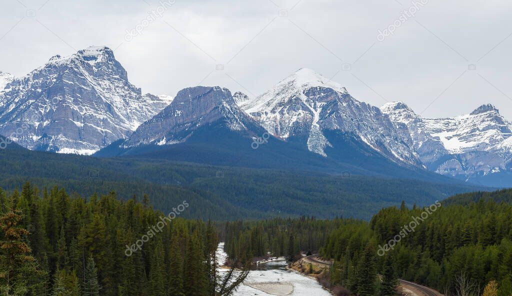 Panorama view Nicholas Morant's Curve on Canadian Pacific Railway with ...