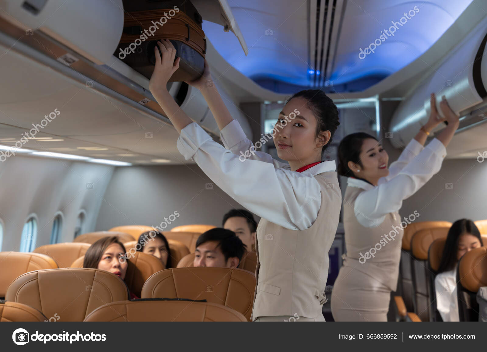 Air Hostess Cabin Crew Working Airplane Female Flight Attendant Putting ...