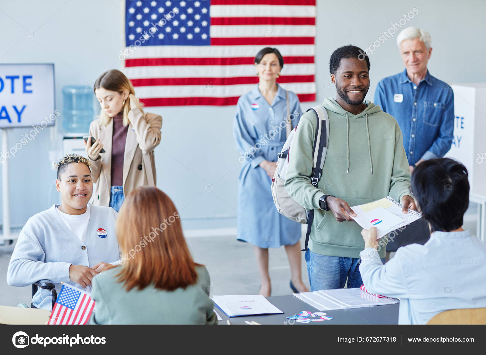 Diverse Group People Line Voting Station Focus Smiling Black Man ...