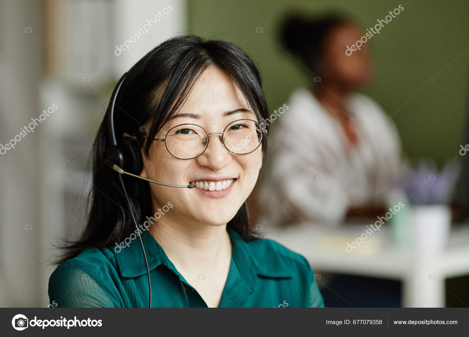 Portrait Asian Young Operator Headphones Eyeglasses Smiling Camera Her ...