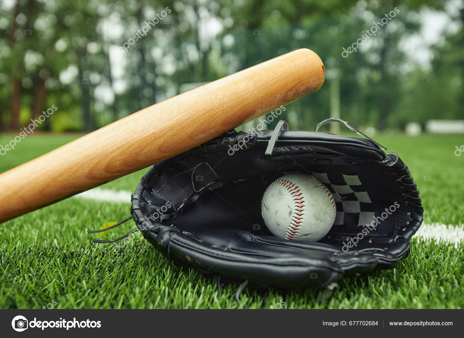 Close View White Leather Baseball Ball Glove Bat Green Field — Stock ...